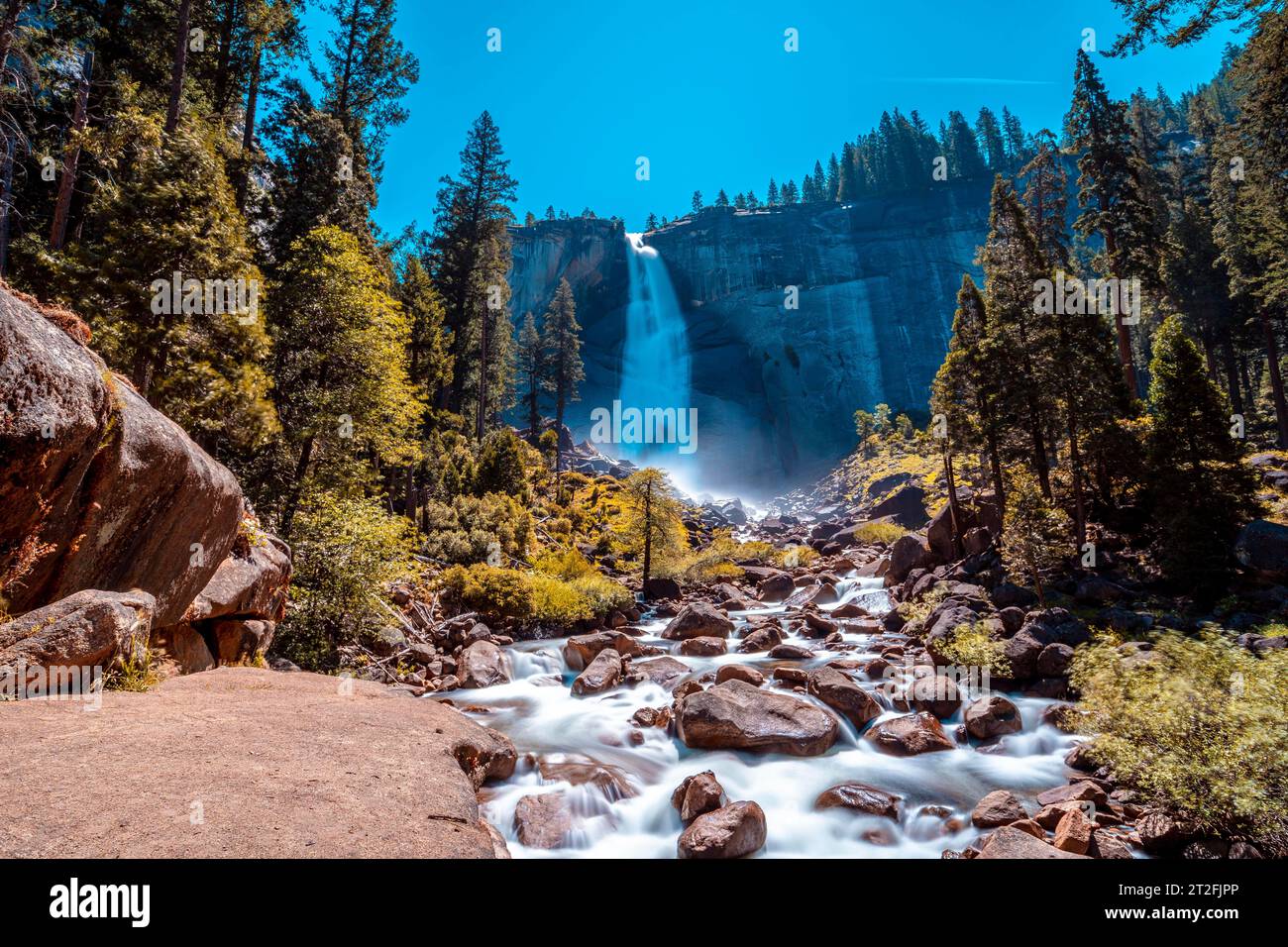 Landscape of Vernal Falls from the bottom one summer morning and the ...