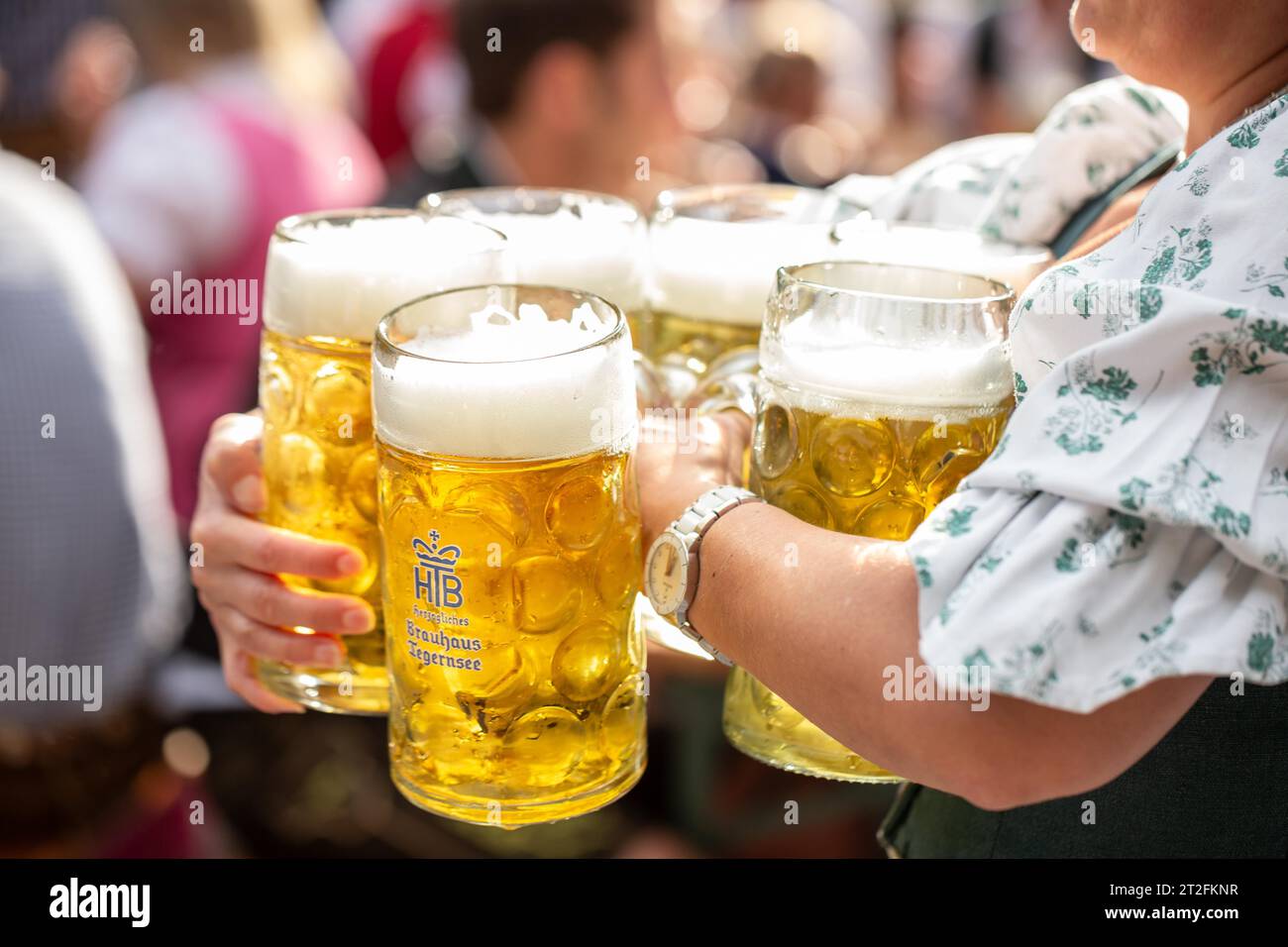 Waiter with beer mugs, forest festival, Kreuth, Tegernsee, Upper ...