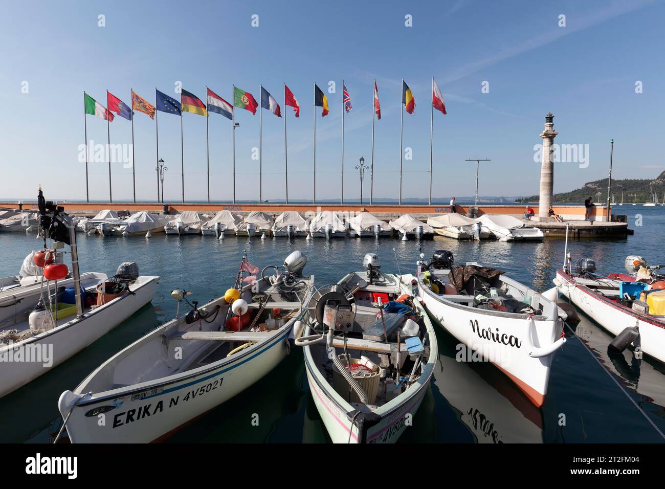 Boat harbour with flags of European countries, Garda, Lake Garda ...