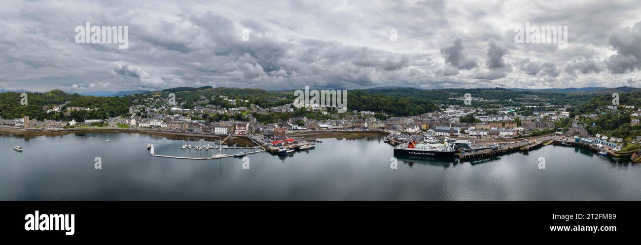 Aerial panorama of the harbour town of Oban, with the ferry port on the ...