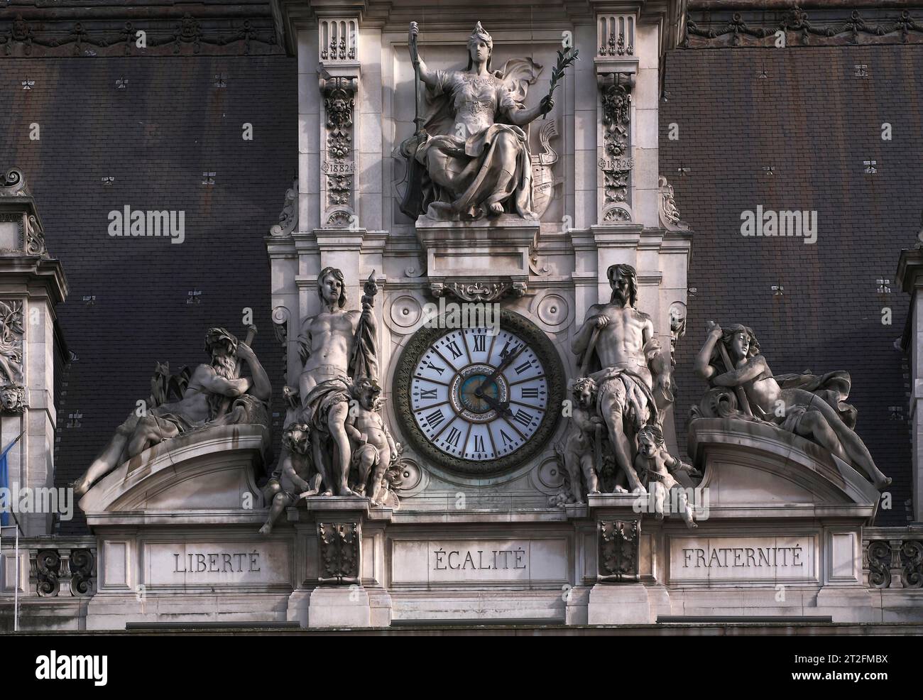 Inscription, lettering Liberte, Egalite, Fraternite, bell tower, clock ...