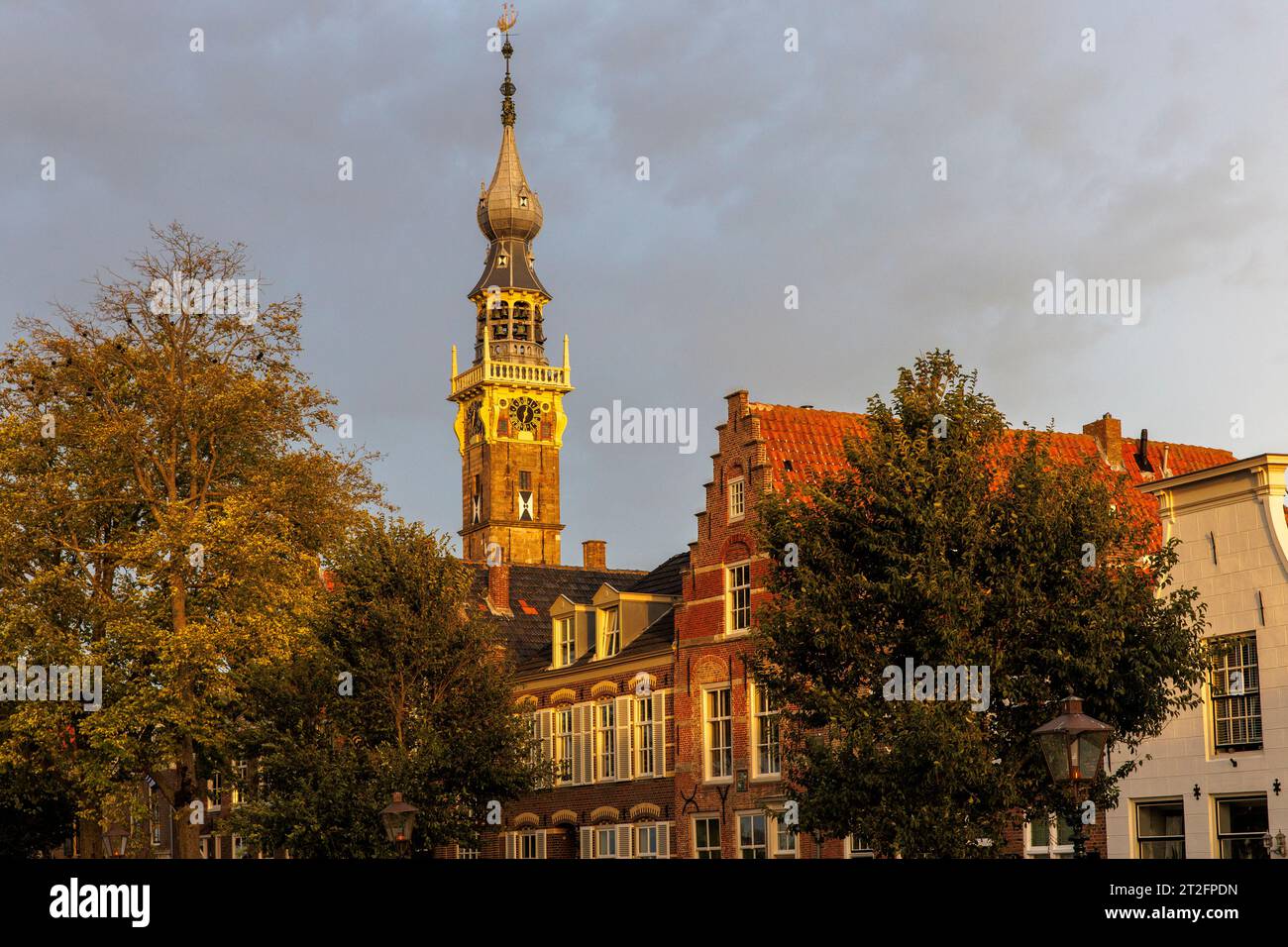 tower of the historic town hall in Veere on Walcheren, Zeeland ...