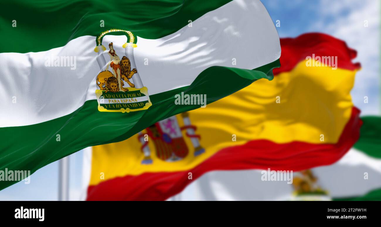 Green and white flag of Andalusia, with the coat of arms in the center ...