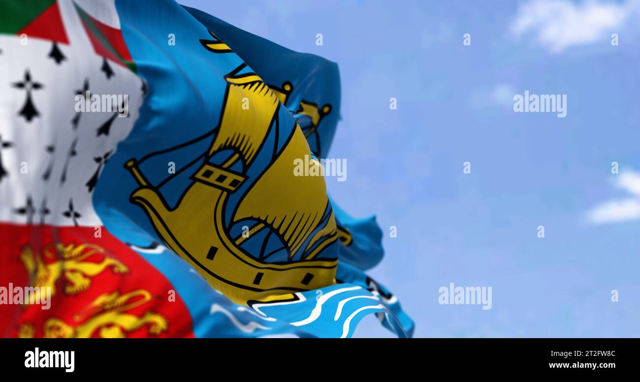 Close-up of the flag of Saint Pierre and Miquelon waving in the wind on ...