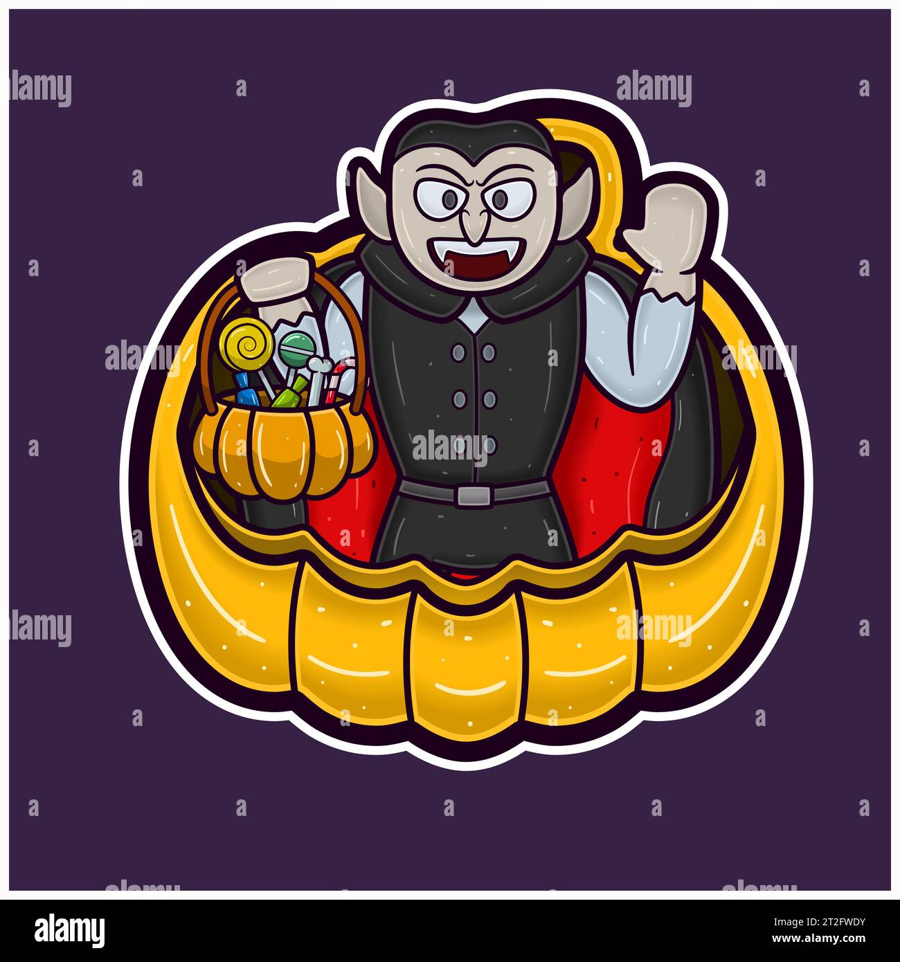 Dracula On Big Pumpkin Cartoon. Halloween Sticker Logo. Vectors and ...