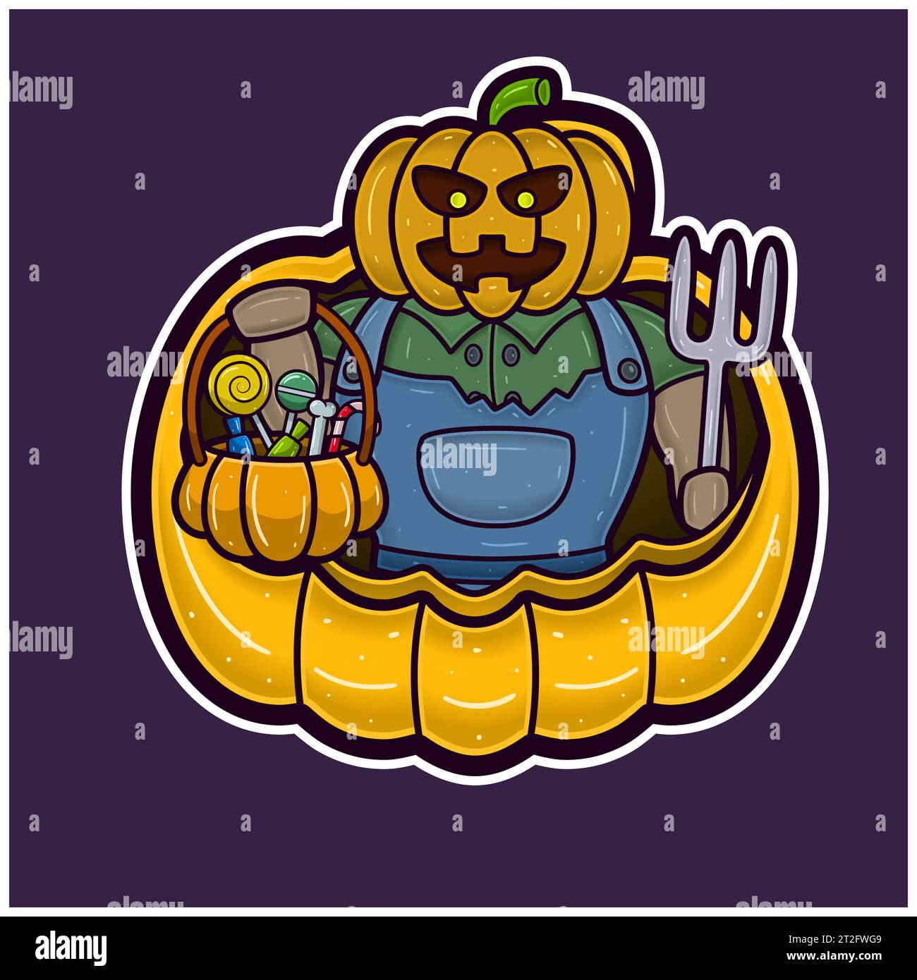 Monter Pumpkin On Big Pumpkin Cartoon. Halloween Sticker Logo. Vectors ...