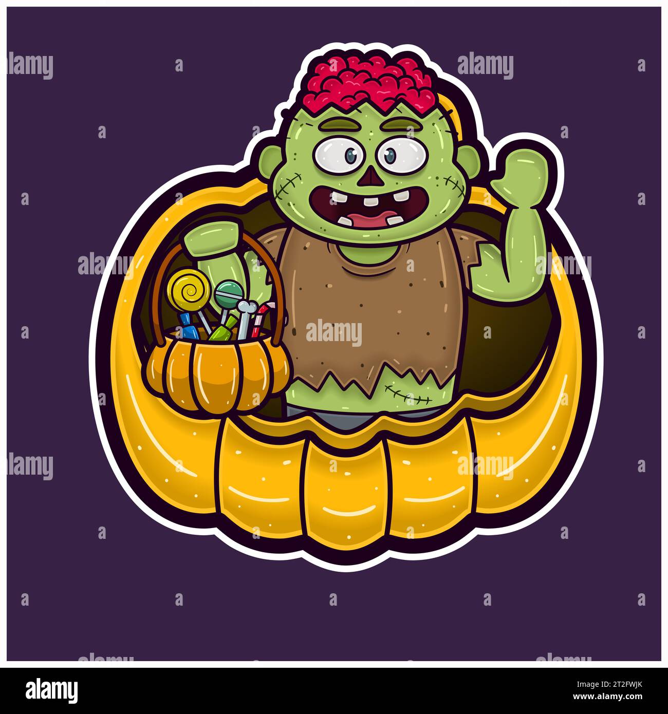 Zombie On Big Pumpkin Cartoon. Halloween Sticker Logo. Vectors and ...