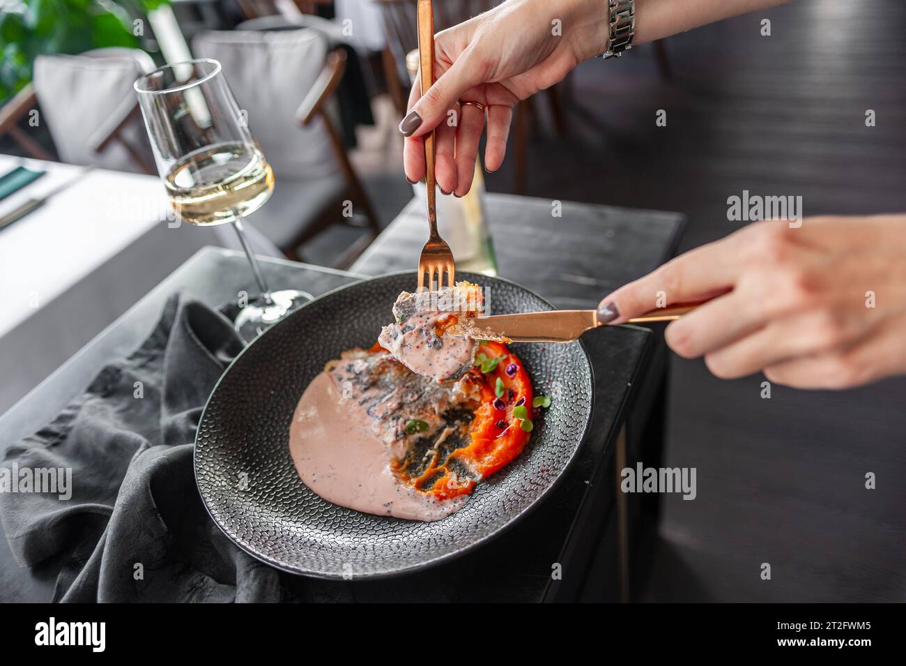 Sea bass or dorado fillet with sweet potato puree and flying fish roe ...