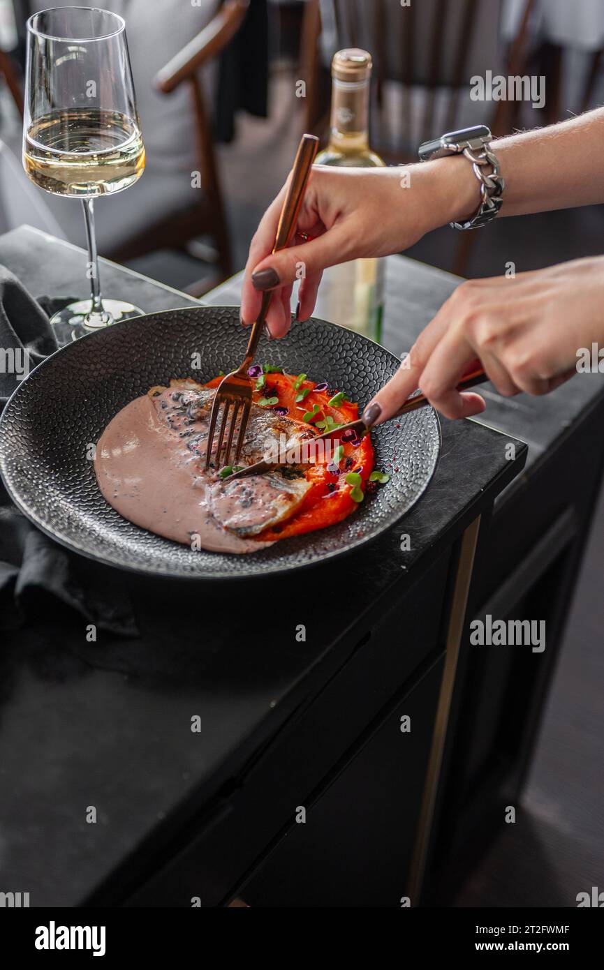 Sea bass or dorado fillet with sweet potato puree and flying fish roe ...