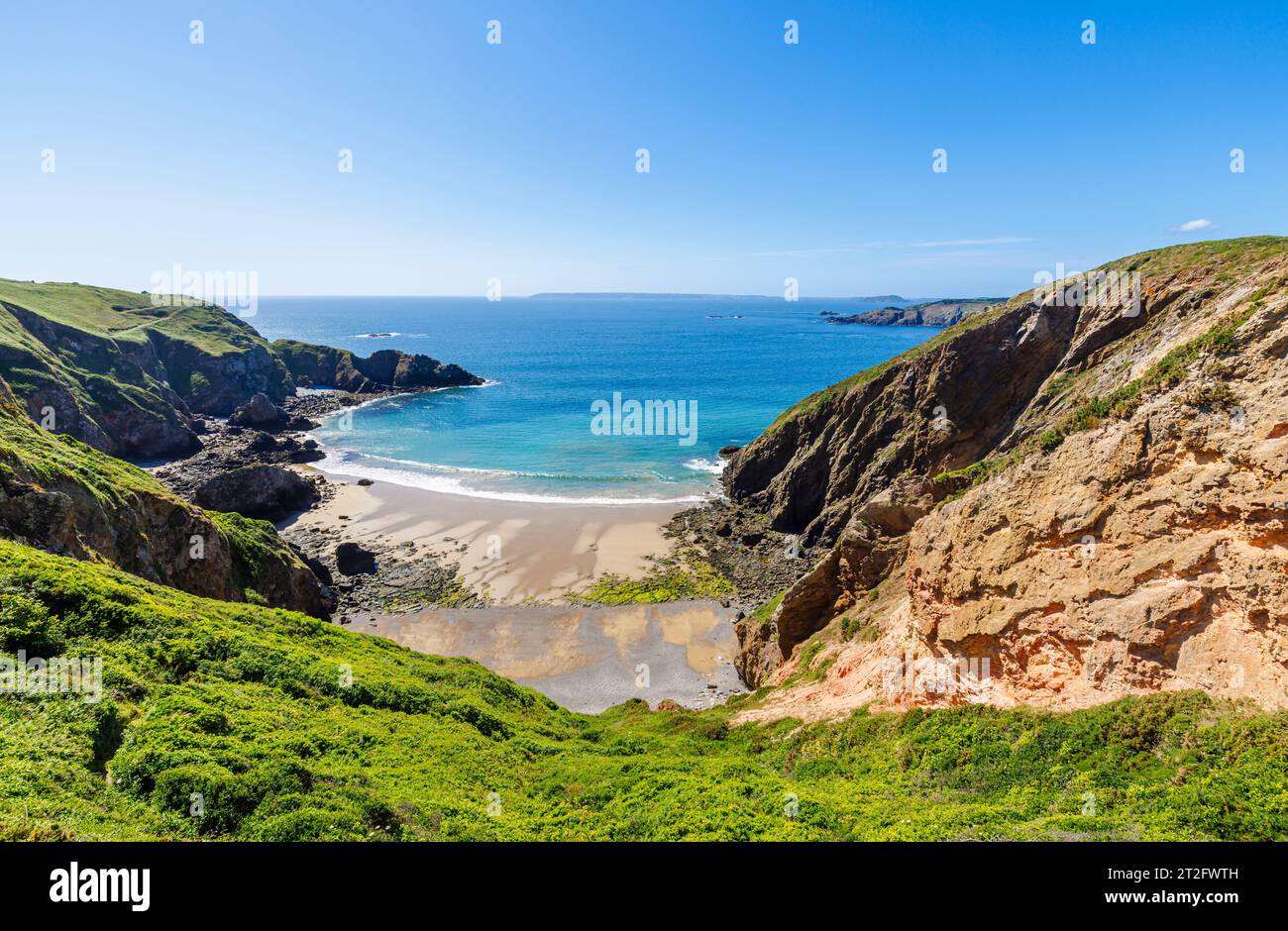 Panoramic view of La Grande Greve beach seen from La Coupee, a narrow ...