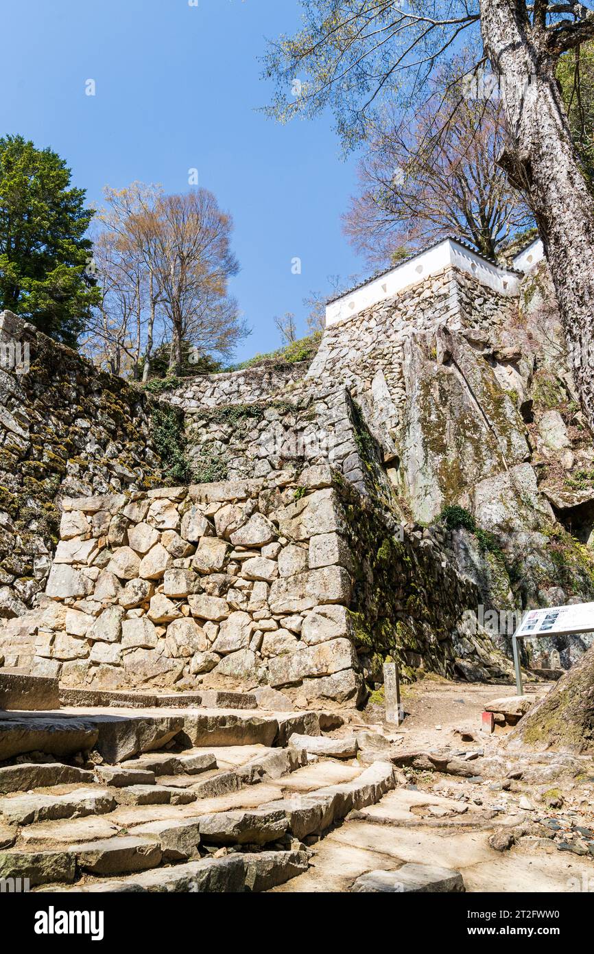 Mountain top Japanese castle, Bitchu Matsuyama. Foundations of the ...