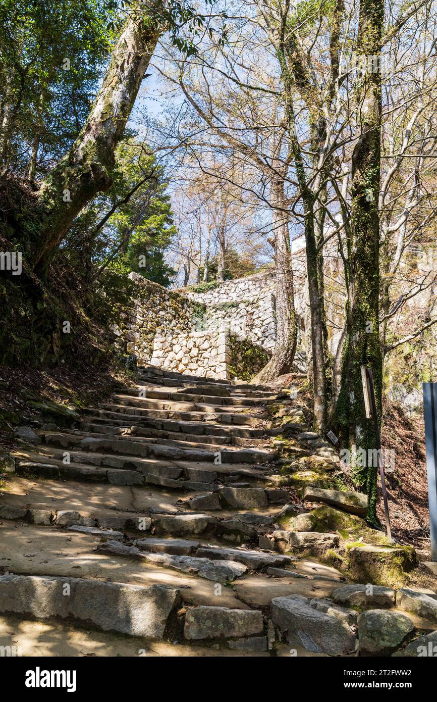 Bitchu Matsuyama castle on Mt Gagyu in Japan, steep rough stone steps ...
