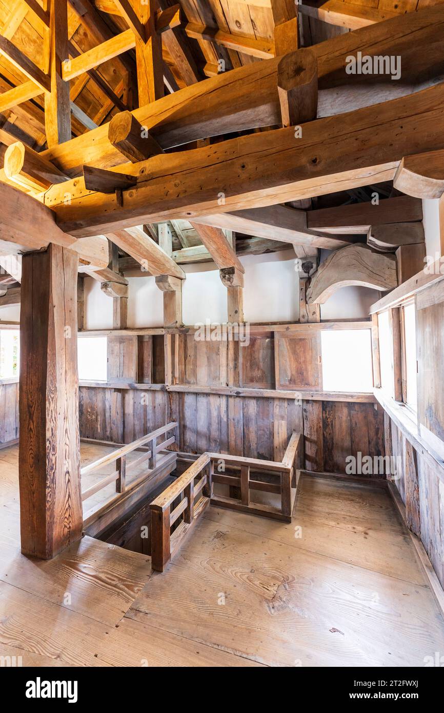 Interior of the wooden castle keep at Bitchu Matsuyama castle. The ...