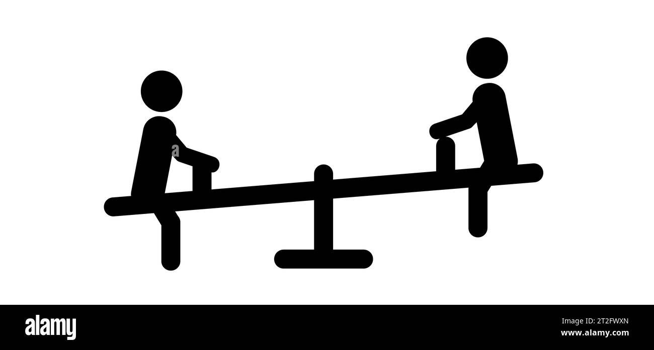 Cartoon stick figures man sitting on seesaw. Teetertotter or swing sign ...