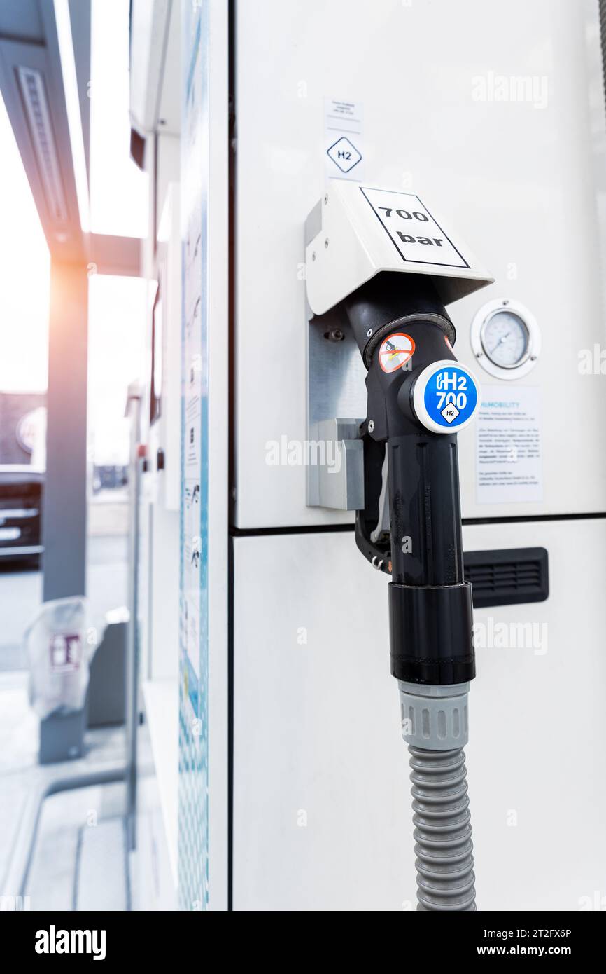 Close-up detail view of hydrogen fuel filler nozzle nozzle adapter car ...