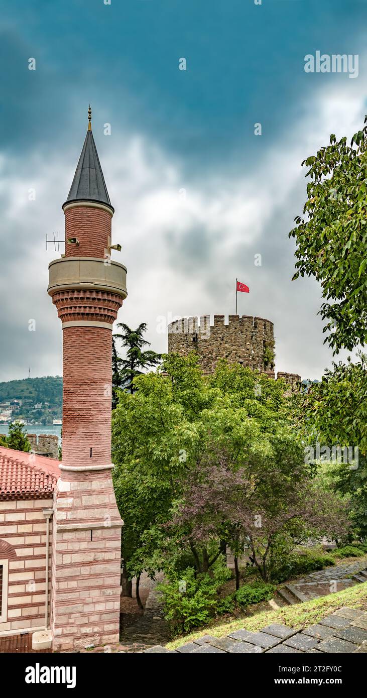 Minaret and the Halil Pasha Tower in the ancient fortress Rumeli Hisari ...