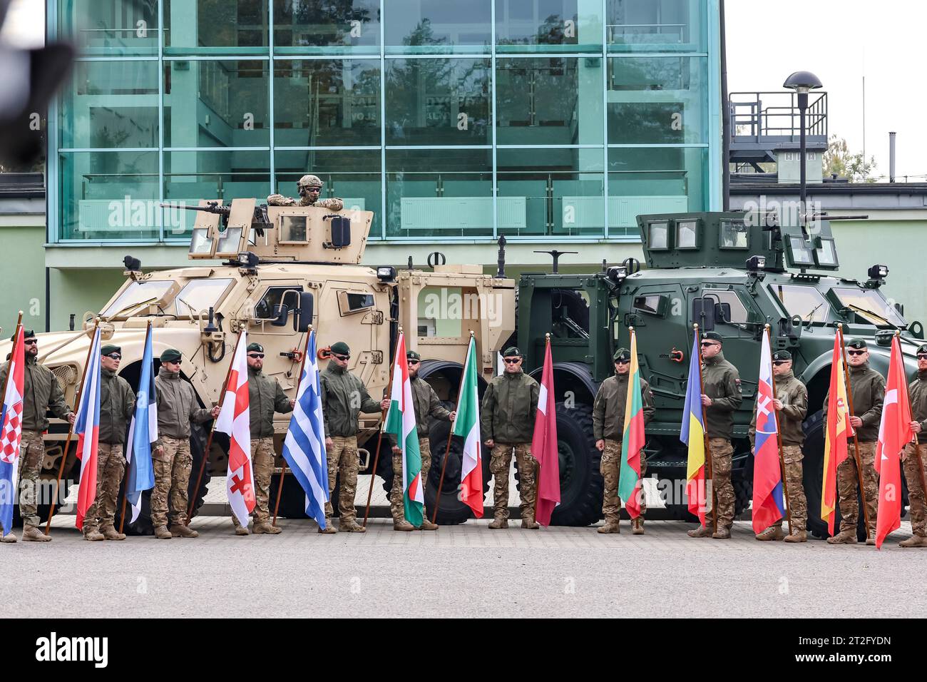 Krakow, Poland. 19th Oct, 2023. Servicemen with NATO natinal flags ...