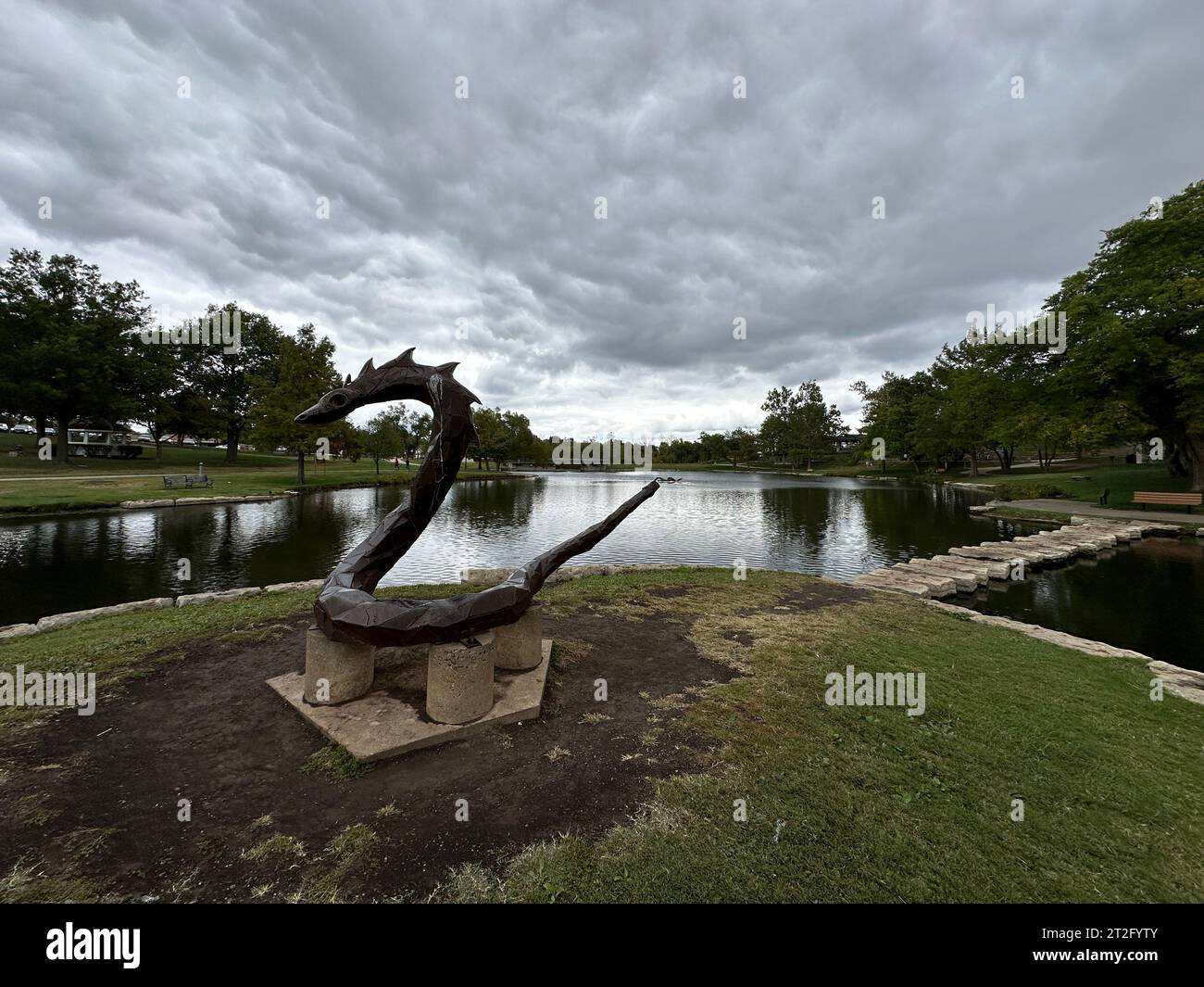Lenexa, Kansas - October 19, 2023: Dragon statue at Sar Ko Park Park in ...