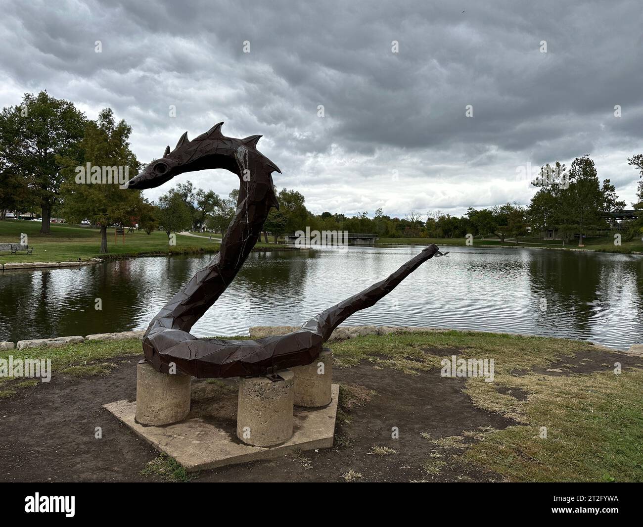 Lenexa, Kansas - October 19, 2023: Dragon statue at Sar Ko Park Park in ...