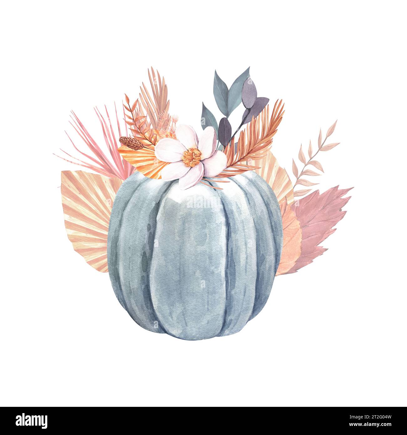 Watercolor whole fresh blue pumpkin and flowers. Hand-drawn ...