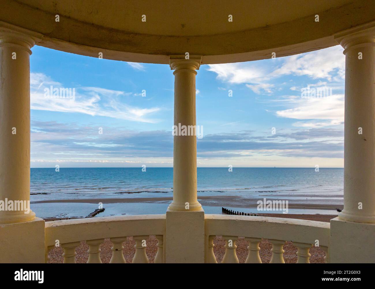 View from domed shelters and balustrades on the promenade seafront at ...