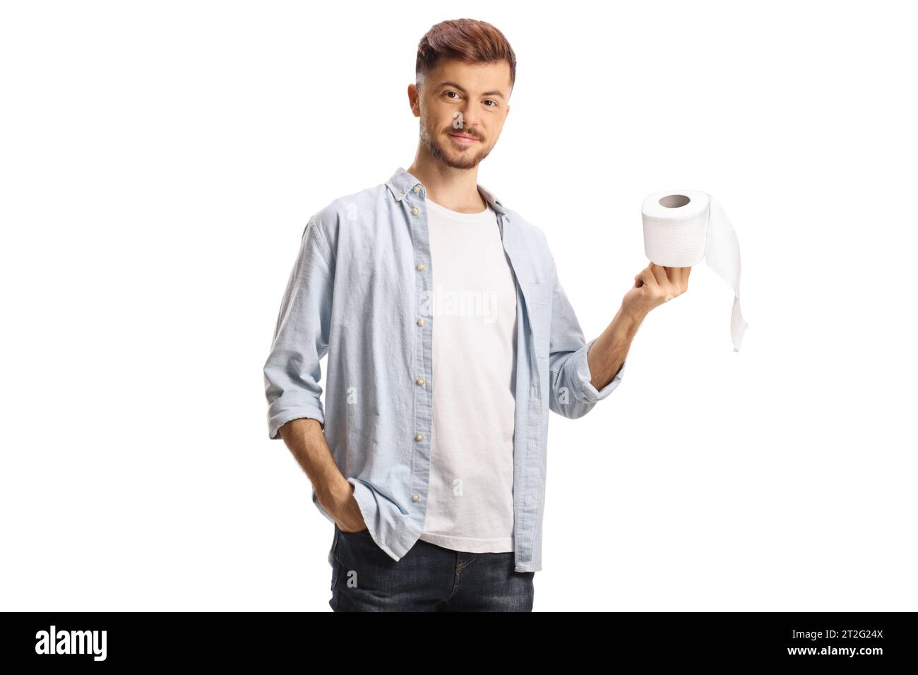 Guy holding a toilet paper roll isolated on white background Stock ...