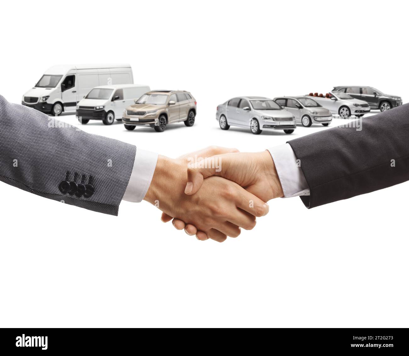 Businessmen shaking hands in front of vehicles isolated on white ...