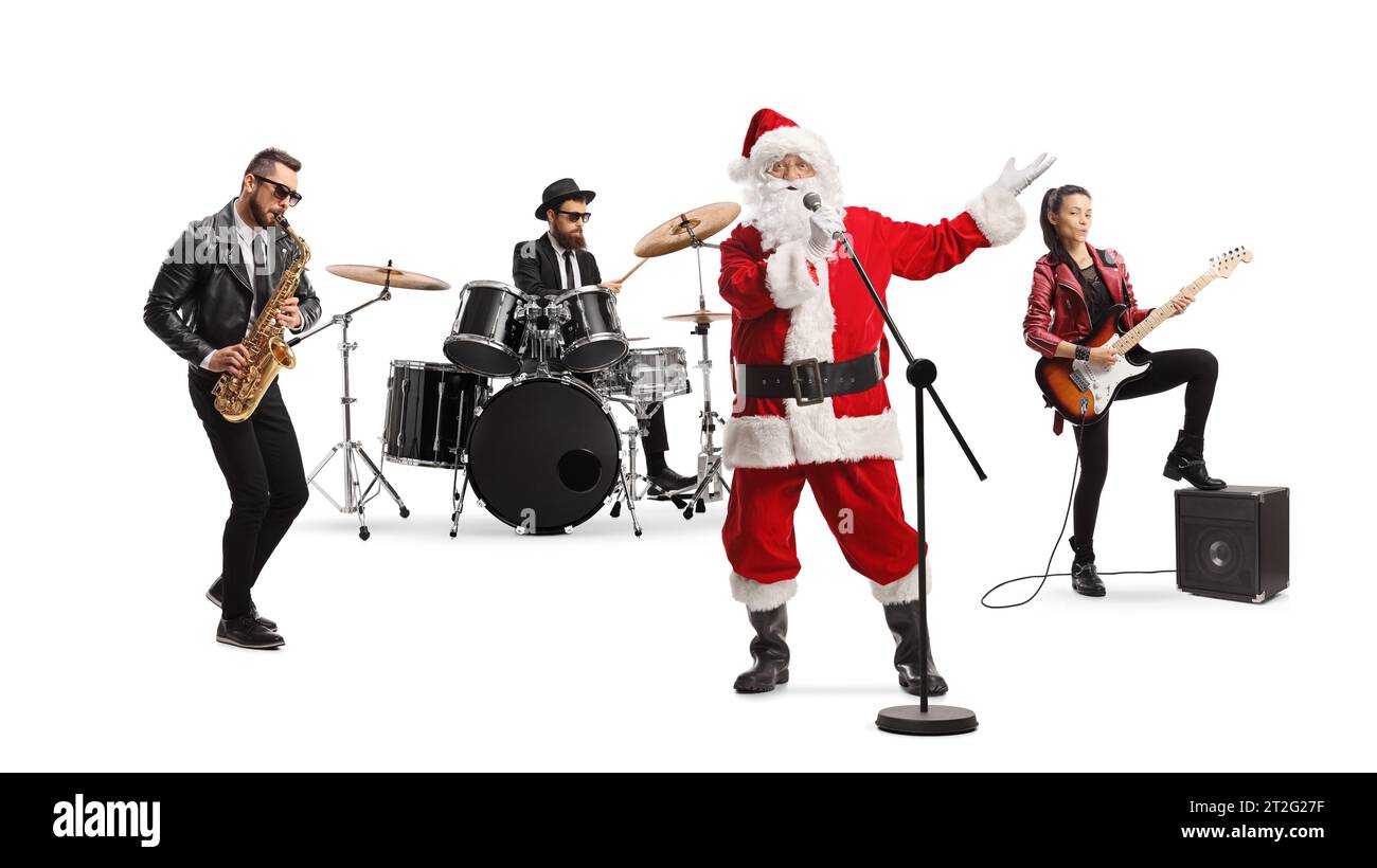 Santa claus singing and a band playing on a guitar, sax and drums ...