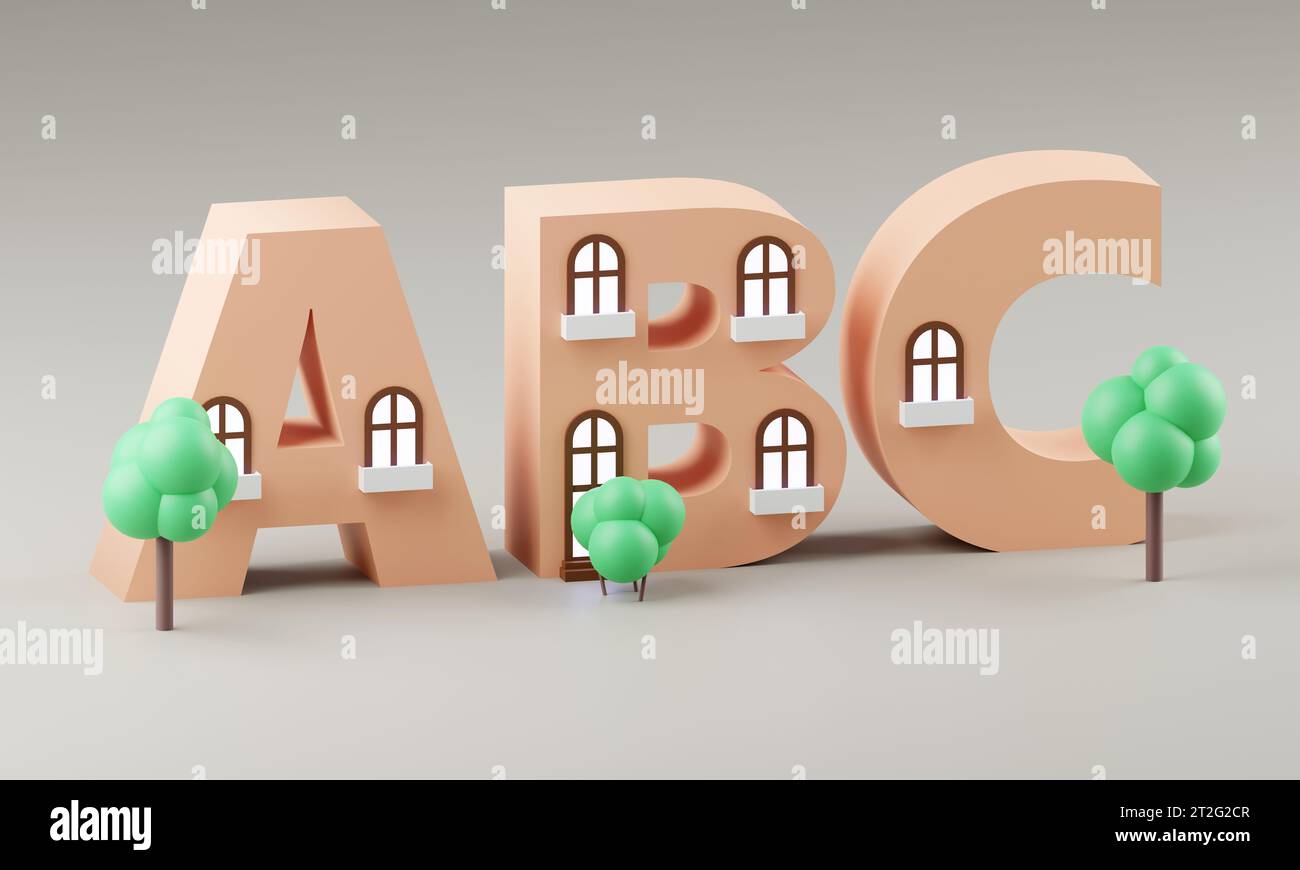 3d Cute little houses on grey background saying ABC. 3D render ...