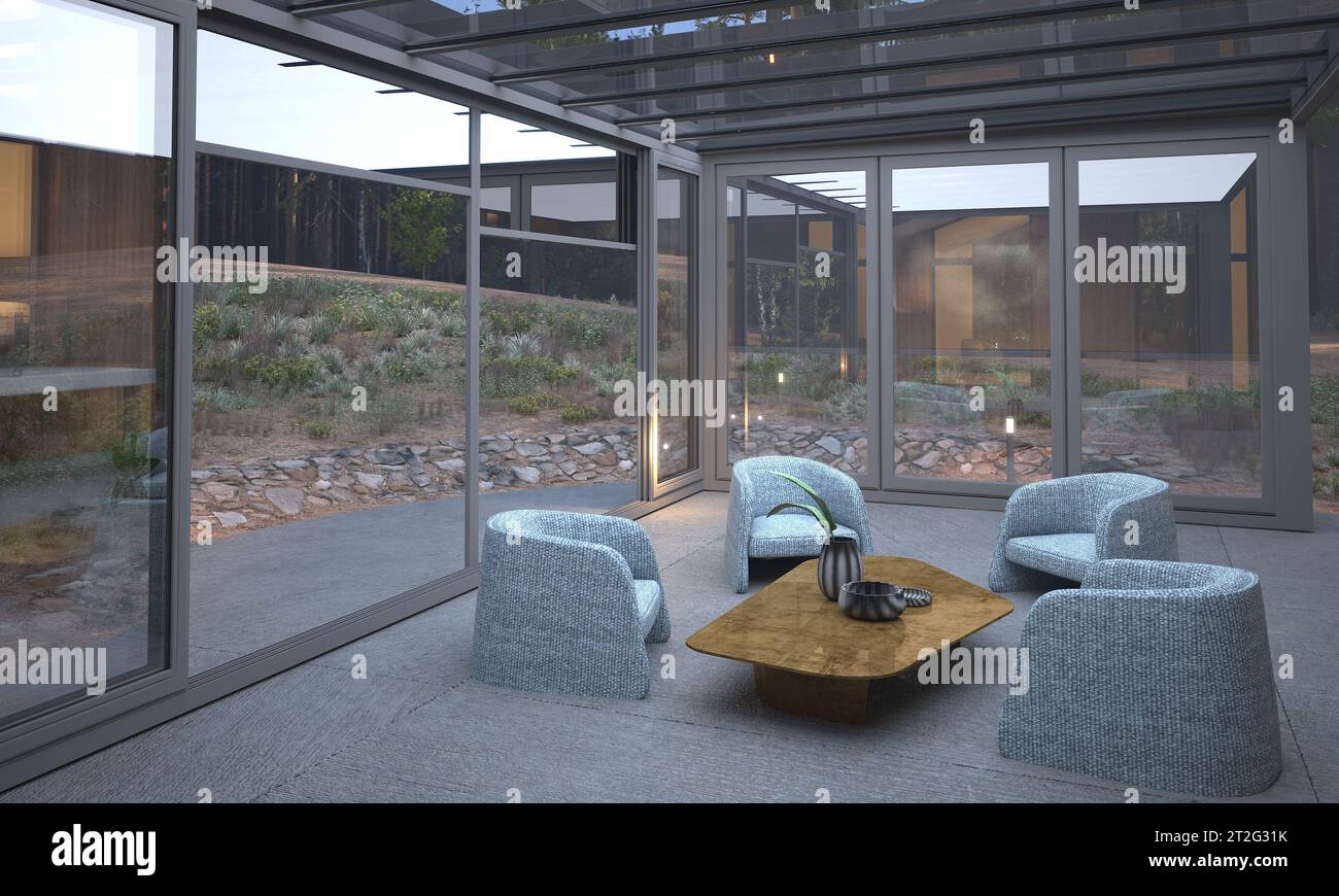 Modern aluminum pergola, 3d rendering Stock Photo - Alamy