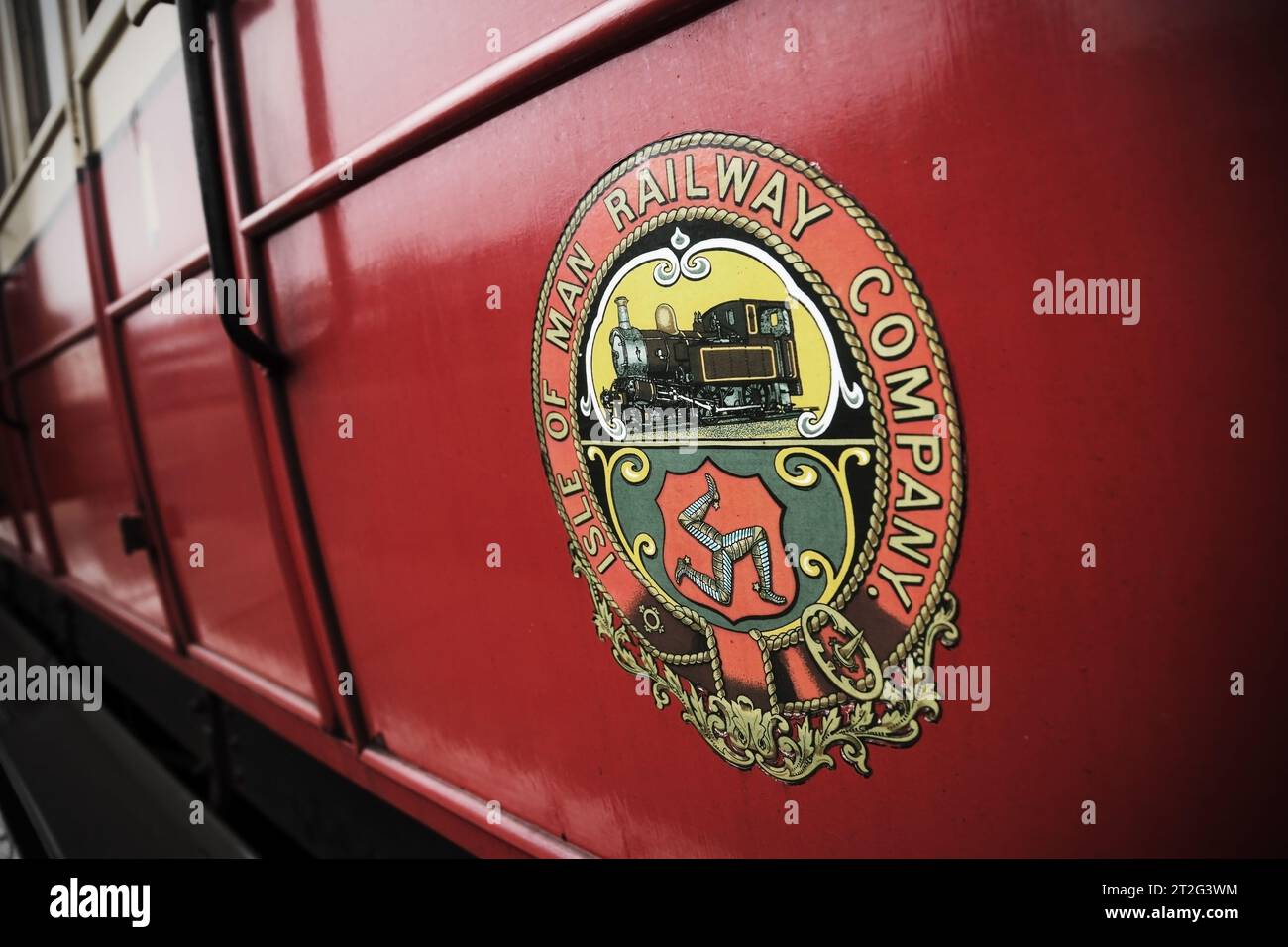 Isle of Man Railway Company crest on side of preserved railway carriage ...