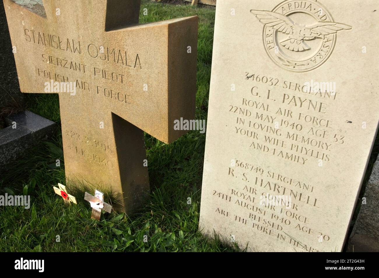 Headstones of Polish Air Force pilot S Osmala,RAF Sgts G L Payne and R ...