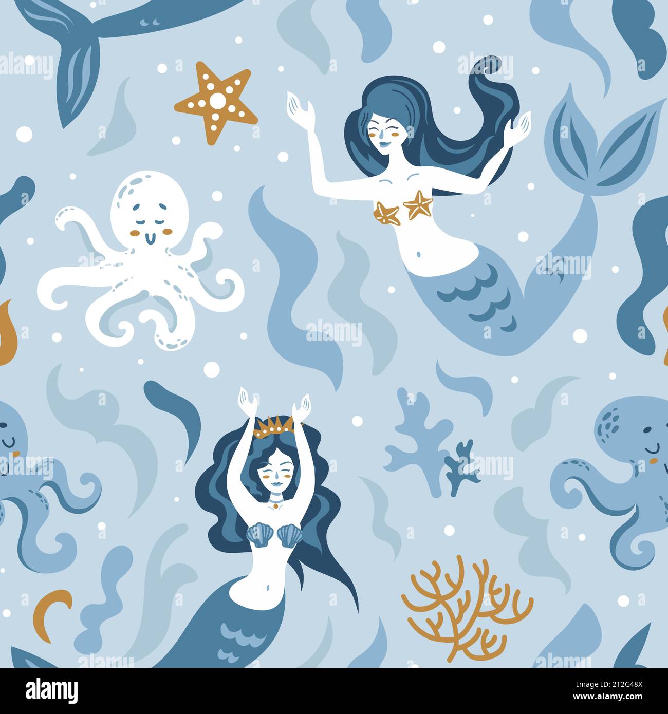 Mermaid and octopuses, corals and algae. Ocean, fairy-tale creatures ...
