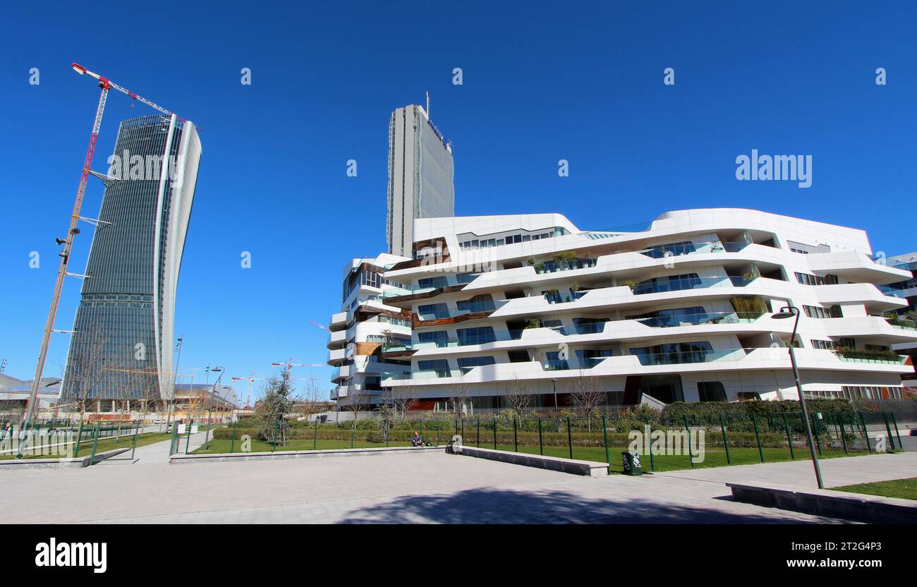 Milan, Italy. The new Hadid residence and in background the Isozaki ...