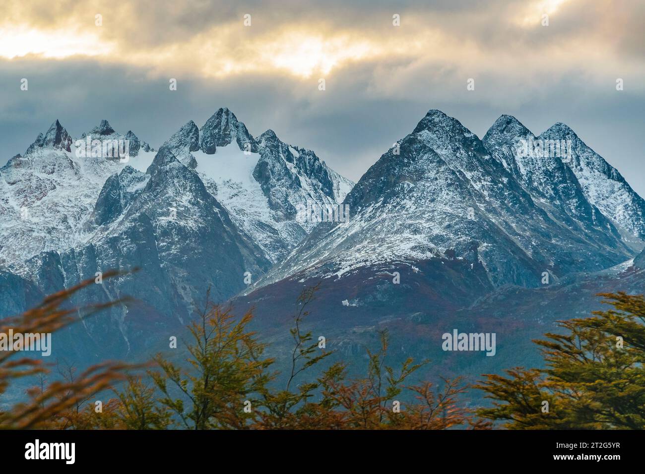Snowy andes range mountain at autumn season landscape, tierra del fuego ...