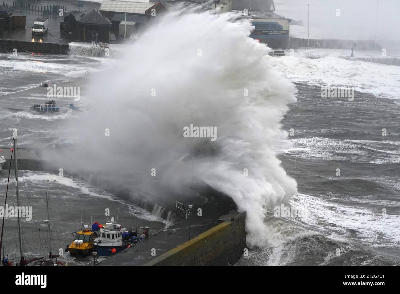 Waves at Stonehaven Harbour. The UK is bracing for heavy wind and rain ...