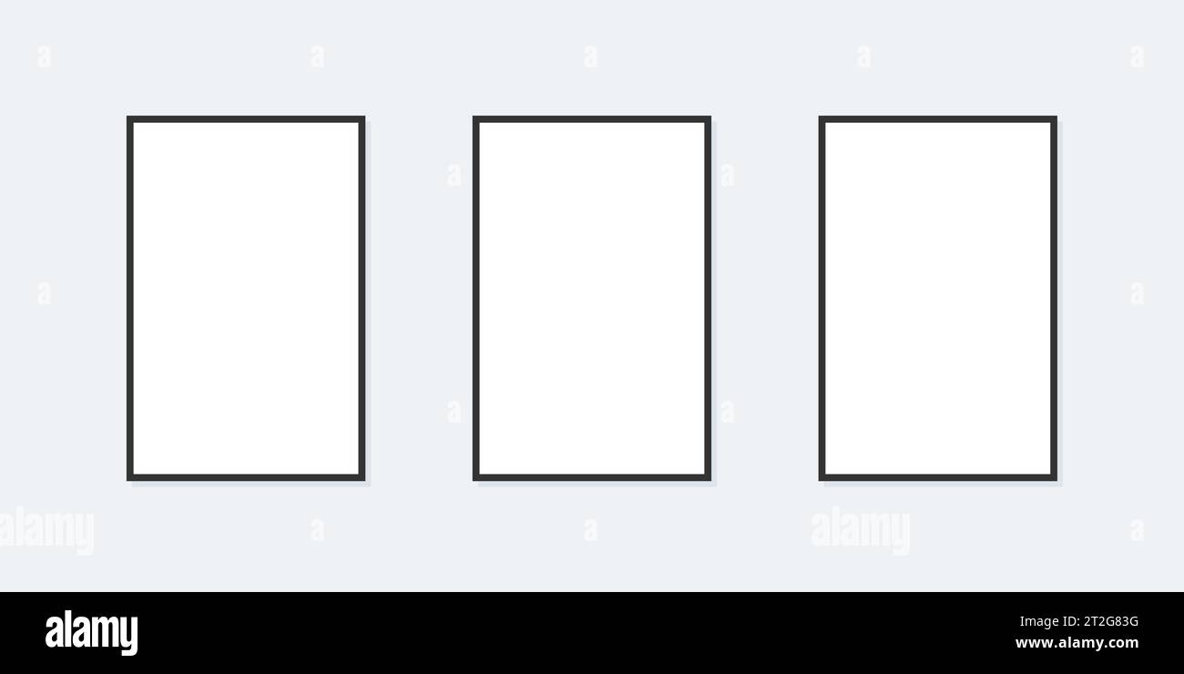 Three simple frames. Light grey gallery wall with three blank paintings ...