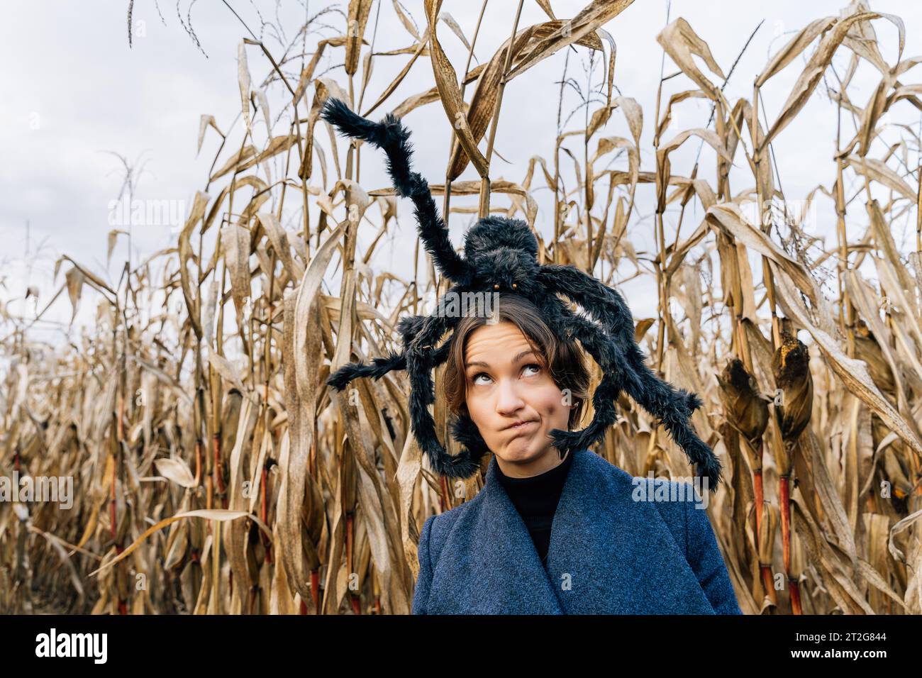 A woman with a distorted face and a toy of a furry large spider on her ...