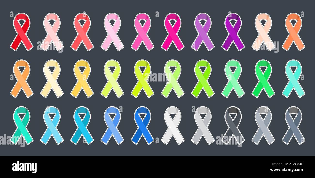 Set of cancer awareness ribbon sticker icons. All colors of isolated ...