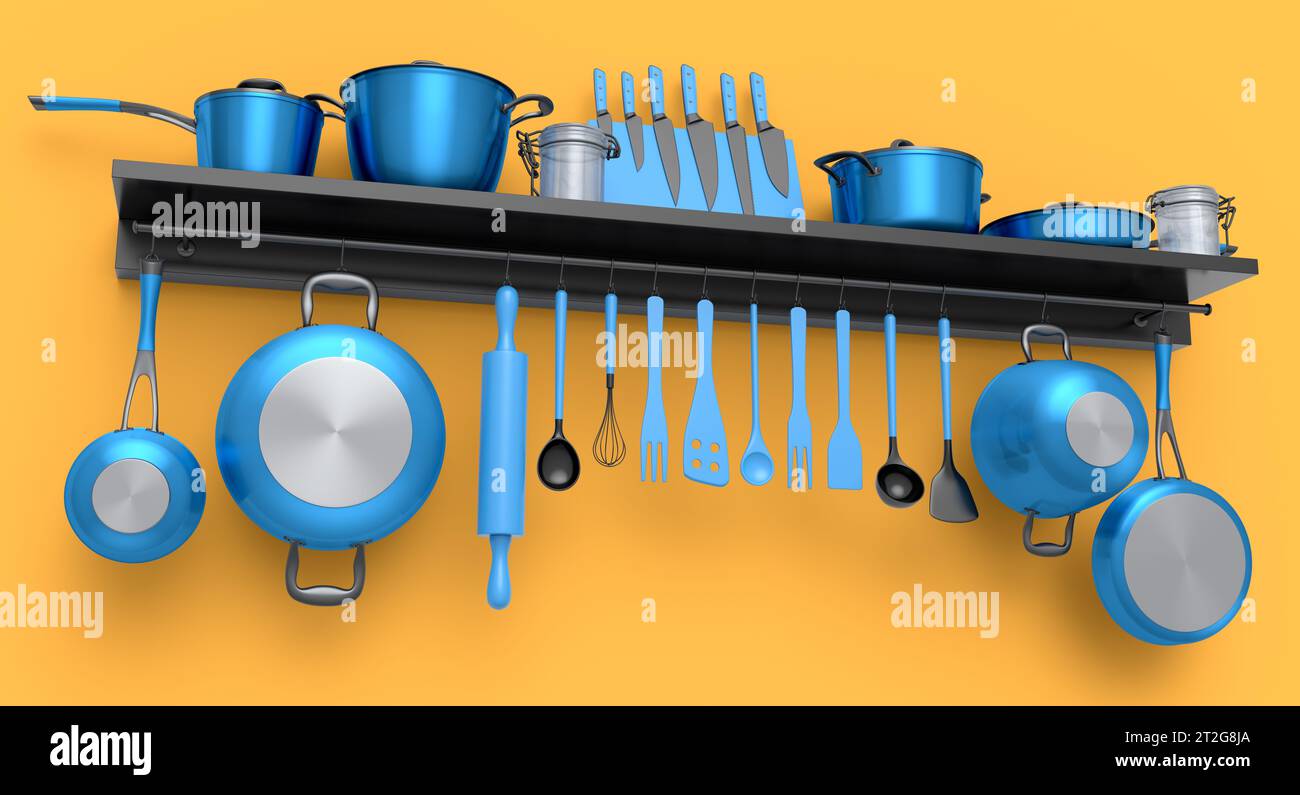 Set of kitchen utensil, stewpot, frying pan and chrome plated cookware ...