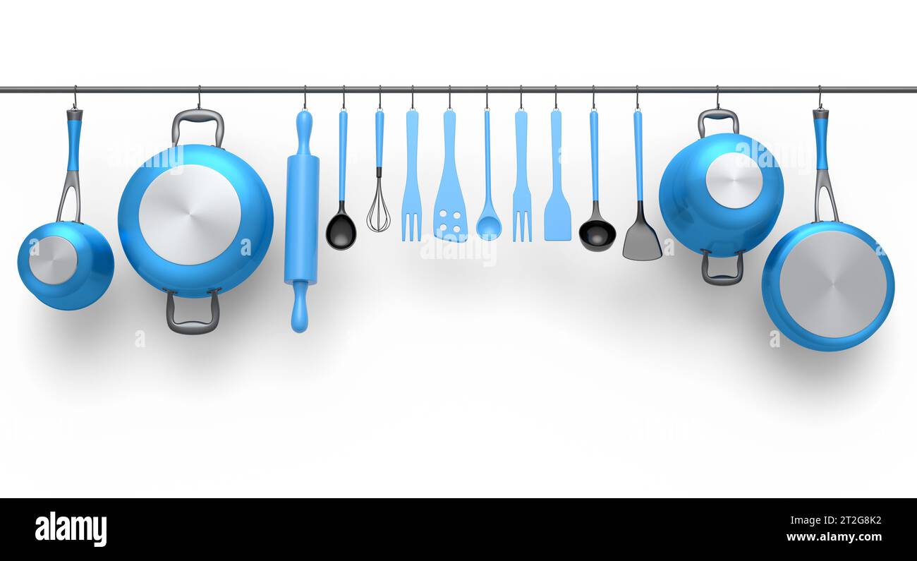 Set of kitchen utensil, stewpot, frying pan and chrome plated cookware ...