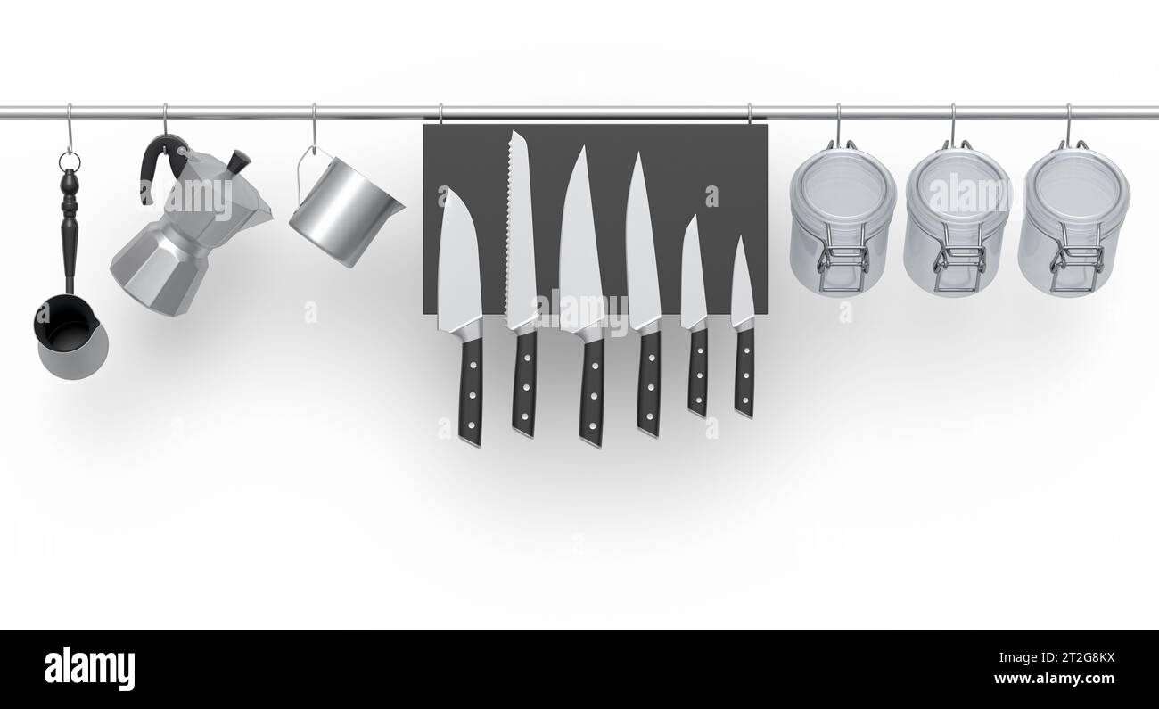 Set of kitchen utensil, knives, stewpot, frying pan and chrome cookware ...