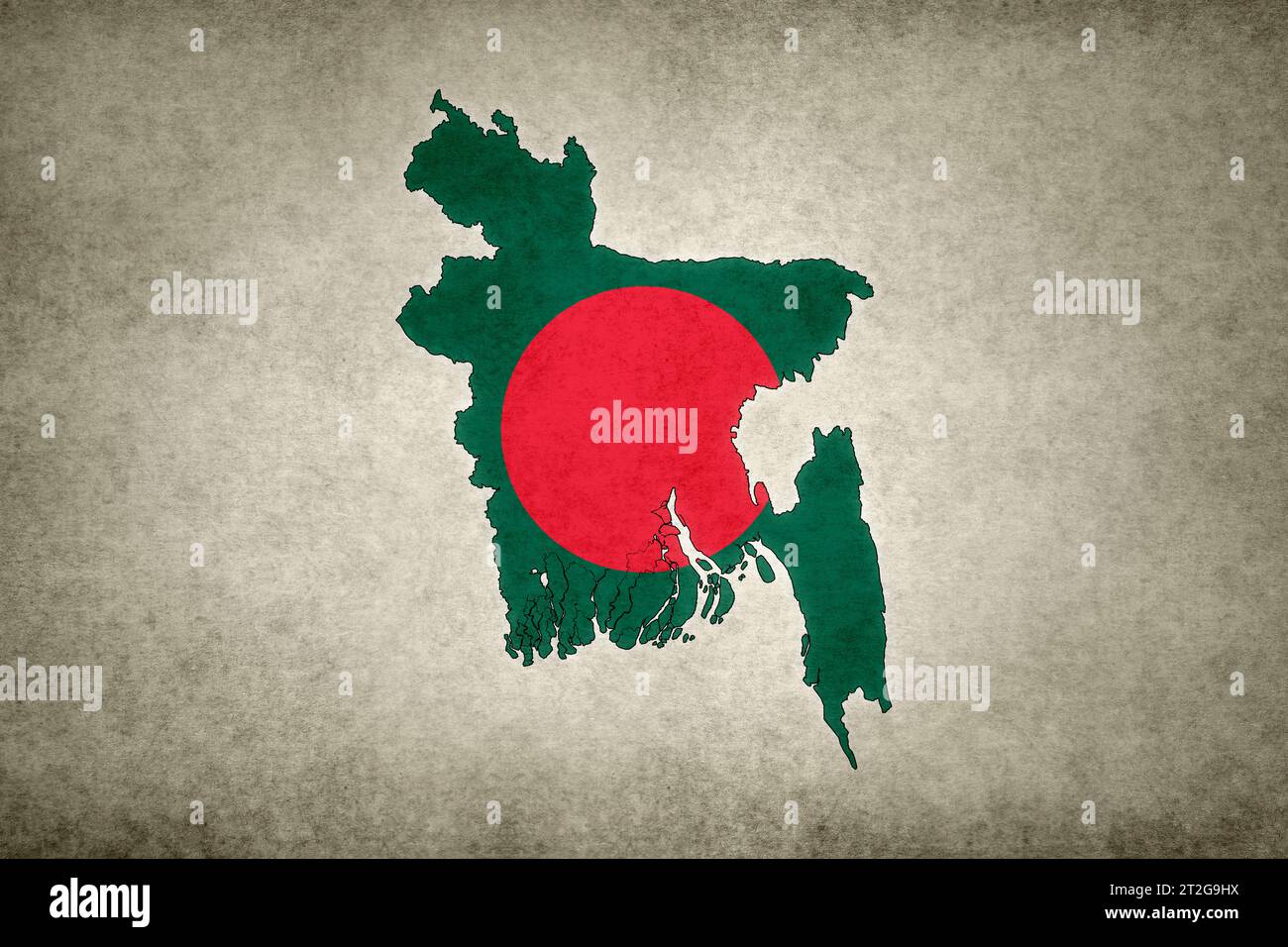 Grunge map of Bangladesh with its flag printed within its border on an ...