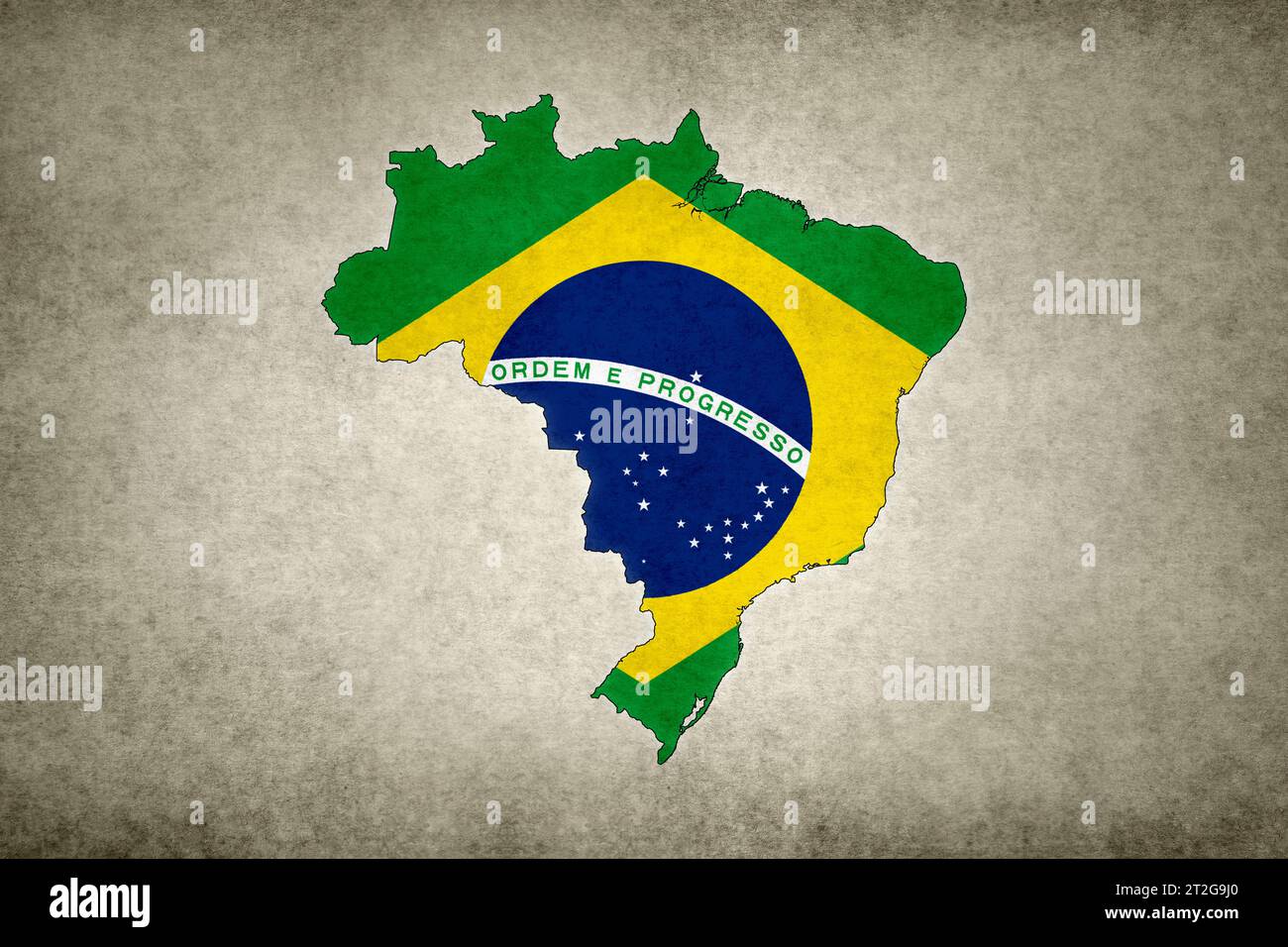 Grunge map of Brazil with its flag printed within its border on an old ...