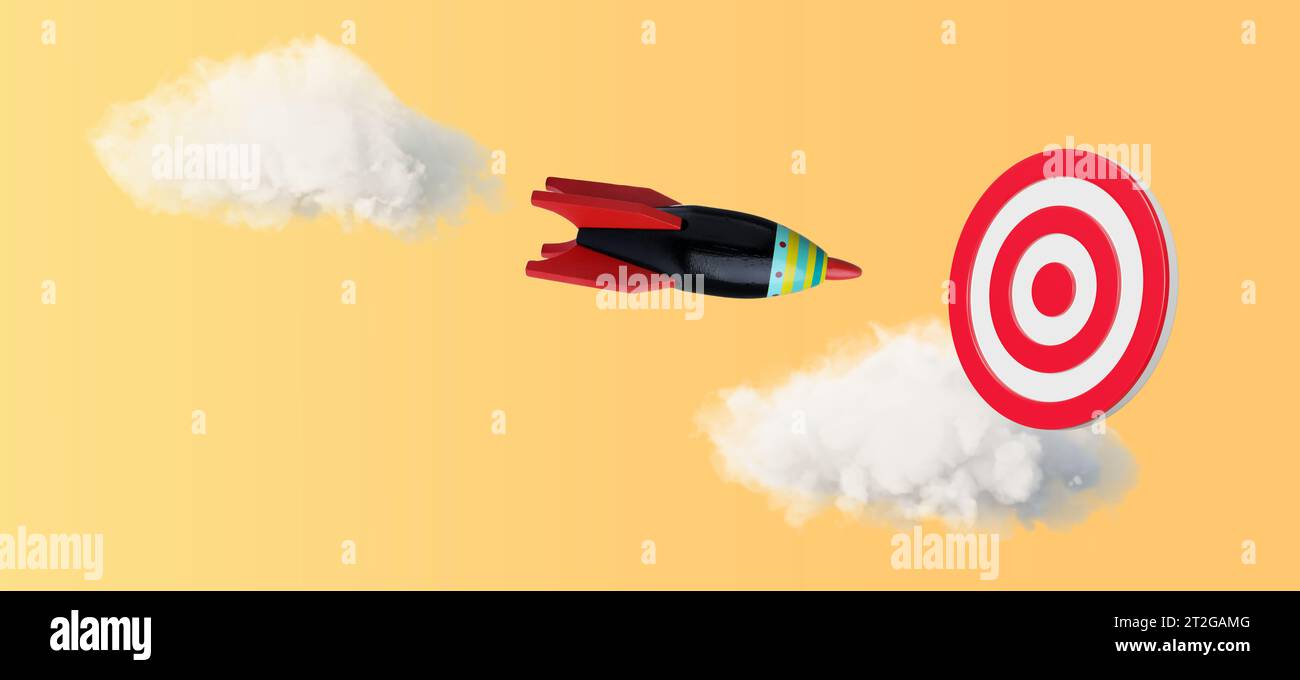 Target achievement. Rocket heading to dartboard among clouds on yellow ...