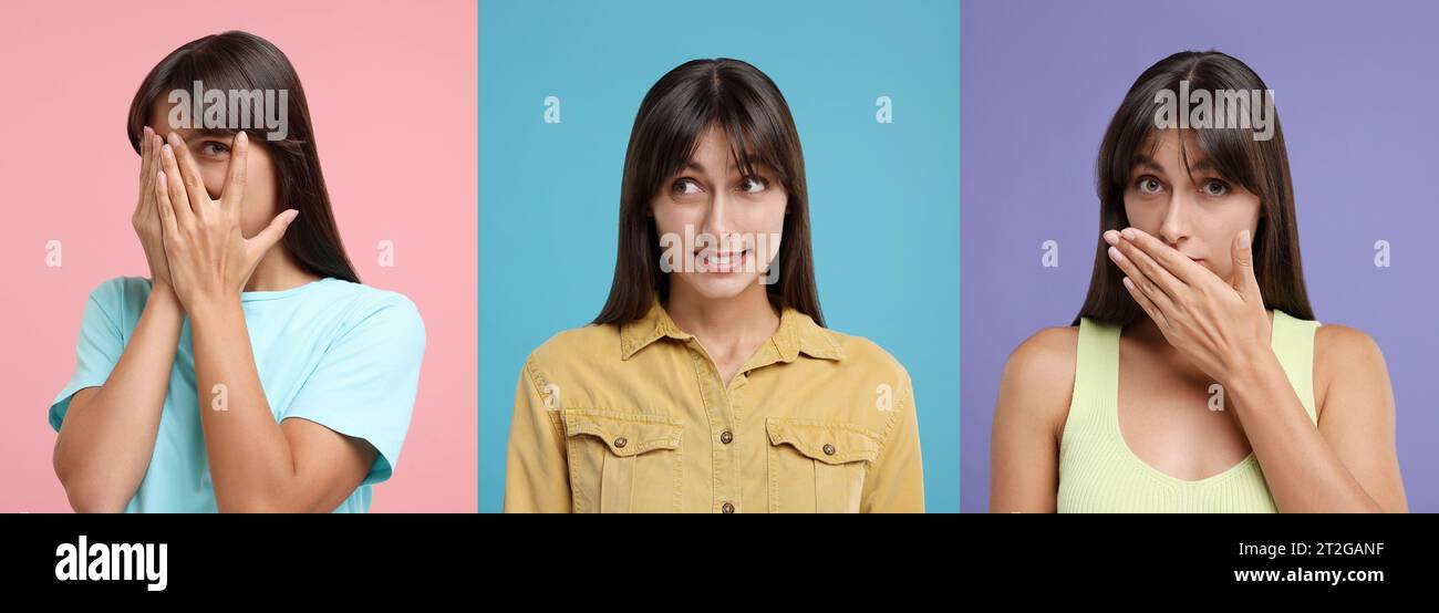 Collage with photos of embarrassed woman on different color backgrounds ...