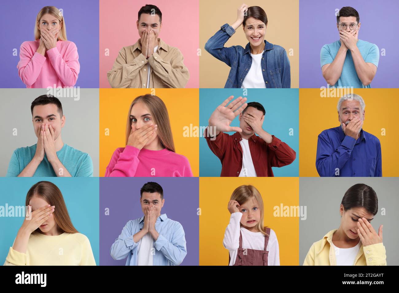 Collage with photos of embarrassed people on different color backgrounds Stock Photo - Alamy