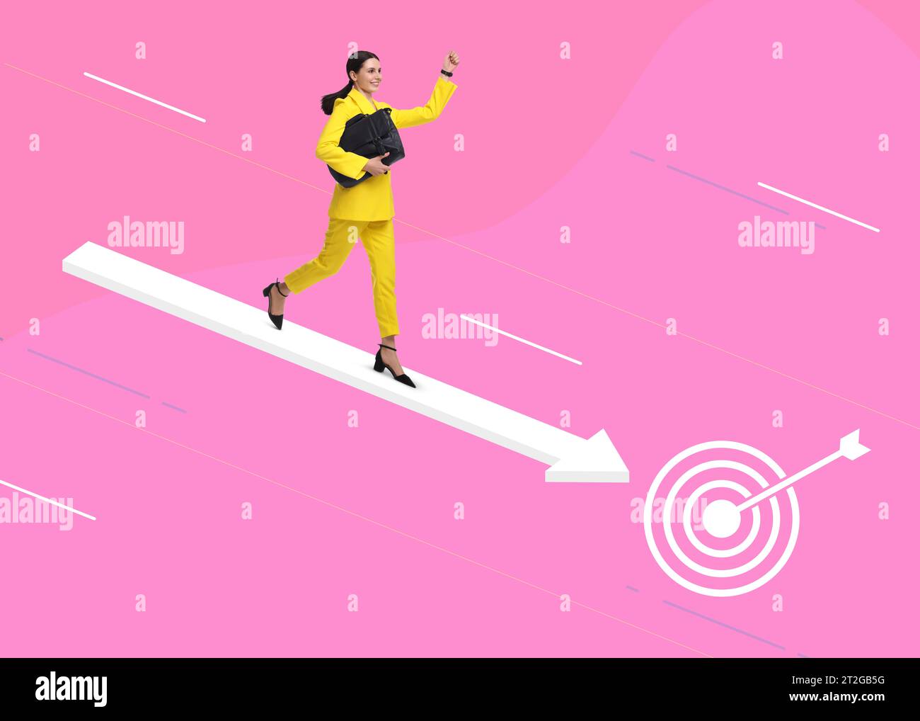 Target achievement. Happy businesswoman running on arrow, leading her ...