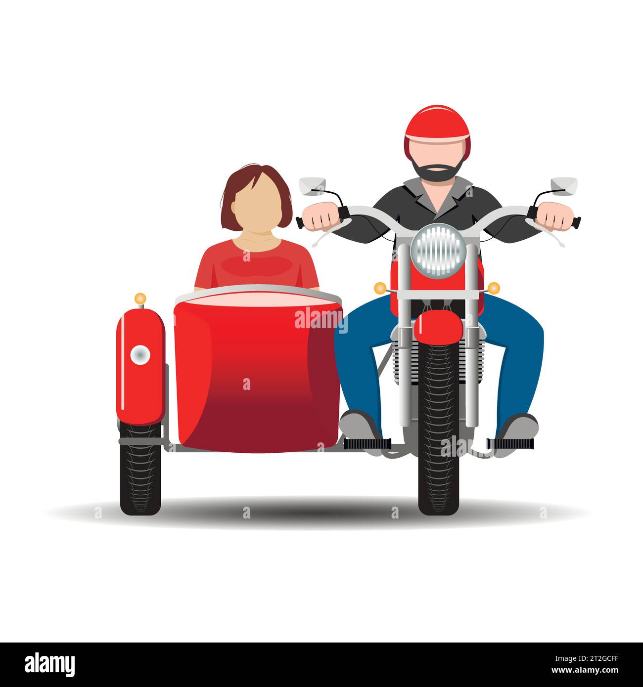 A man and a woman ride a motorcycle with a sidecar, front view. Freedom ...