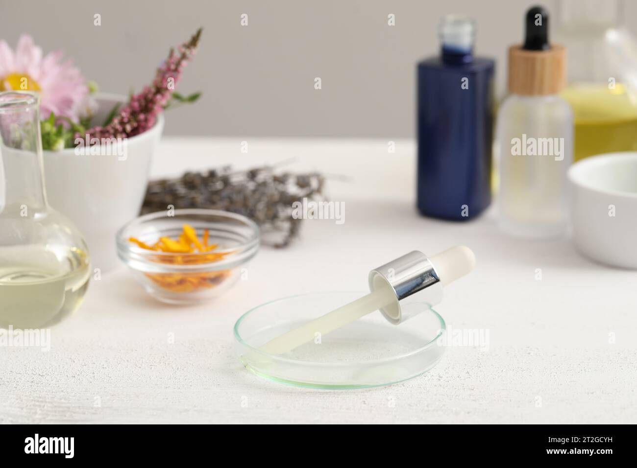 Developing cosmetic oil. Petri dish with dropper on white table in ...